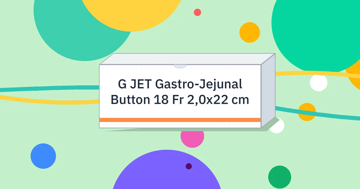 Symbolbild: Packung mit der Aufschrift G JET Gastro-Jejunal Button 18 Fr 2,0x22 cm (PZN 14347173) – Verfügbarkeit und Bezug in Apotheken in Frankfurt am Main