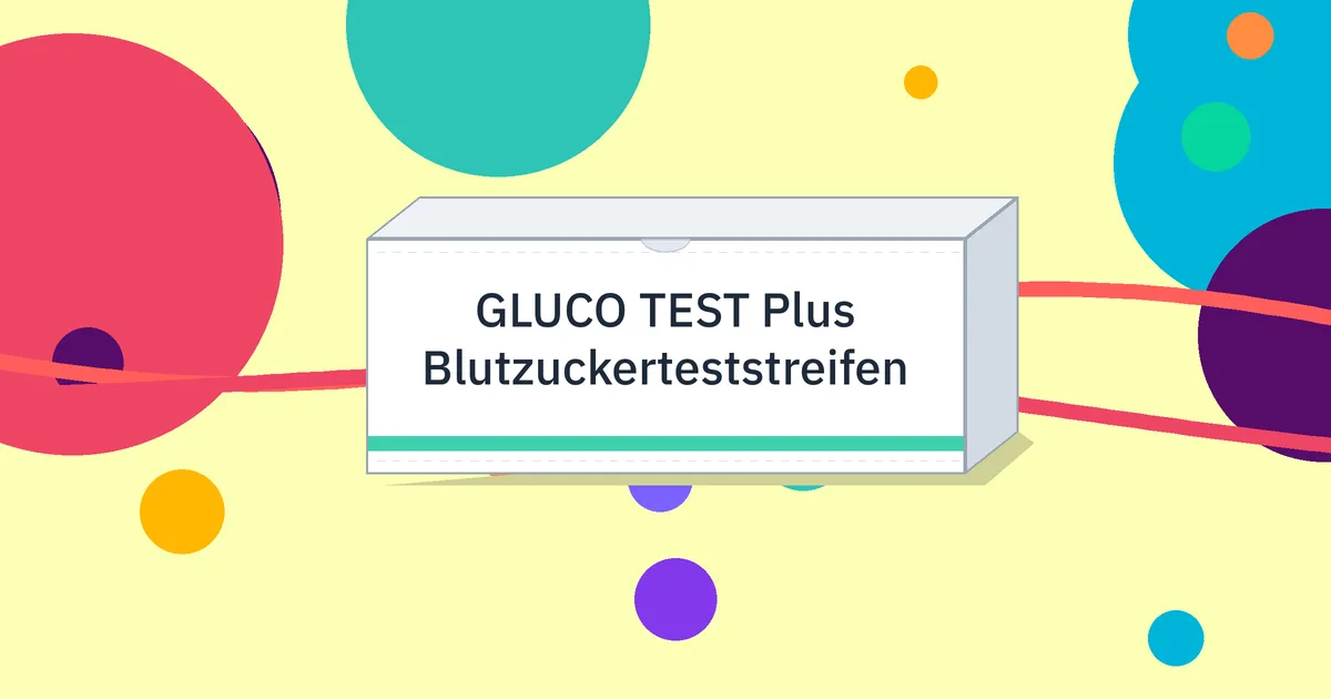 Symbolbild: Packung mit der Aufschrift GLUCO TEST Plus Blutzuckerteststreifen (PZN 07123183) – Verfügbarkeit und Bezug in Apotheken in Frankfurt am Main