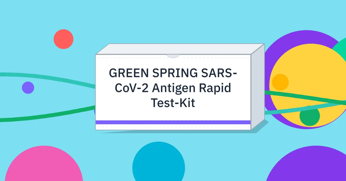 Symbolbild: Packung mit der Aufschrift GREEN SPRING SARS-CoV-2 Antigen Rapid Test-Kit (PZN 19153686) – Verfügbarkeit und Bezug in Apotheken in Frankfurt am Main