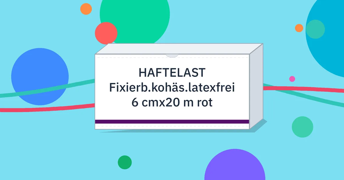 Symbolbild: Packung mit der Aufschrift HAFTELAST Fixierb.kohäs.latexfrei 6 cmx20 m rot (PZN 15998346) – Verfügbarkeit und Bezug in Apotheken in Frankfurt am Main