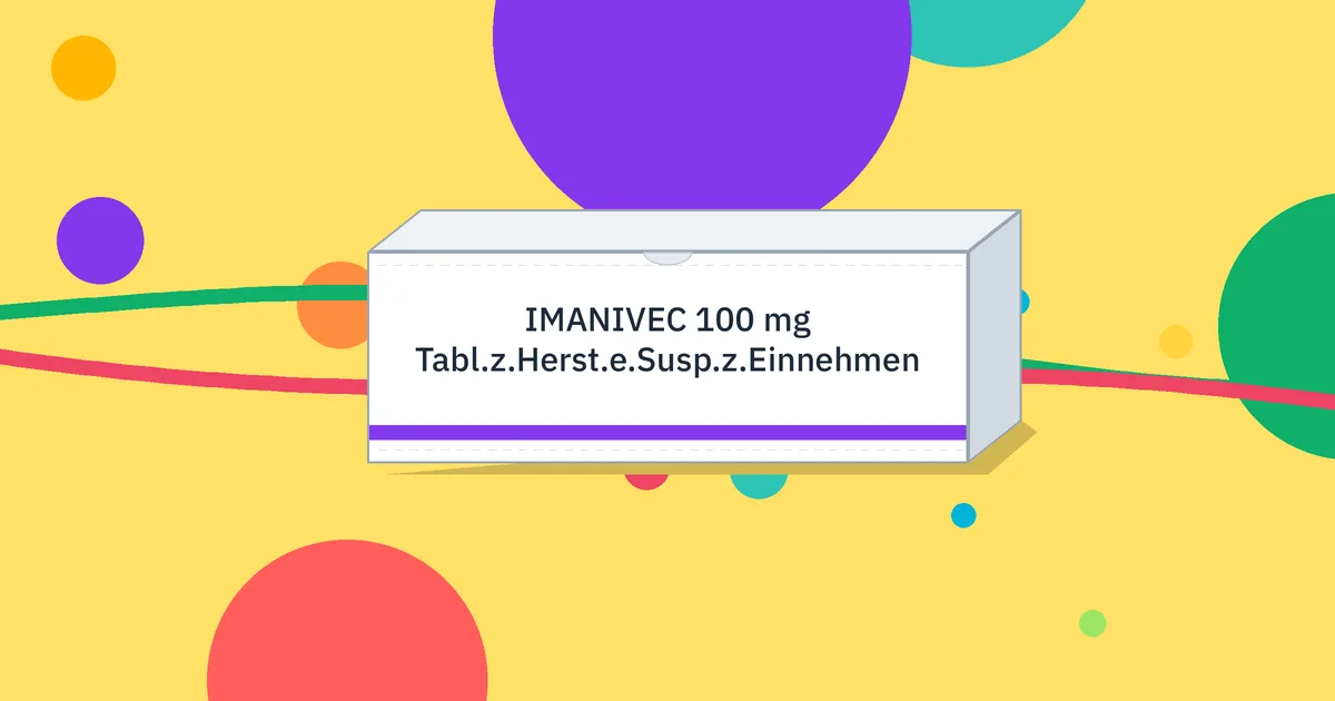 Symbolbild: Packung mit der Aufschrift IMANIVEC 100 mg Tabl.z.Herst.e.Susp.z.Einnehmen (PZN 13880646) – Verfügbarkeit und Bezug in Apotheken in Frankfurt am Main