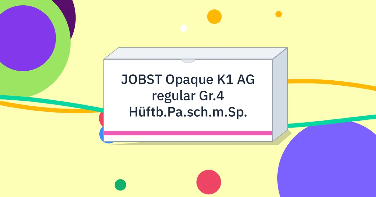 Symbolbild: Packung mit der Aufschrift JOBST Opaque K1 AG regular Gr.4 Hüftb.Pa.sch.m.Sp. (PZN 13100631) – Verfügbarkeit und Bezug in Apotheken in Frankfurt am Main