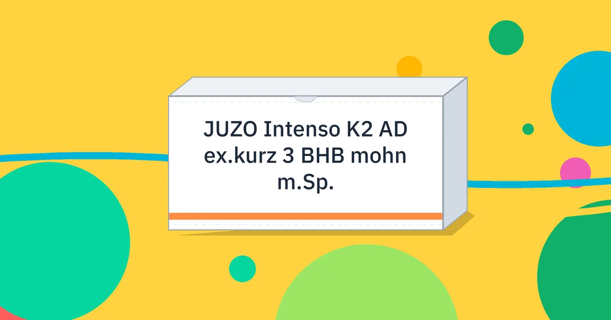 Symbolbild: Packung mit der Aufschrift JUZO Intenso K2 AD ex.kurz 3 BHB mohn m.Sp. (PZN 18615305) – Verfügbarkeit und Bezug in Apotheken in Frankfurt am Main
