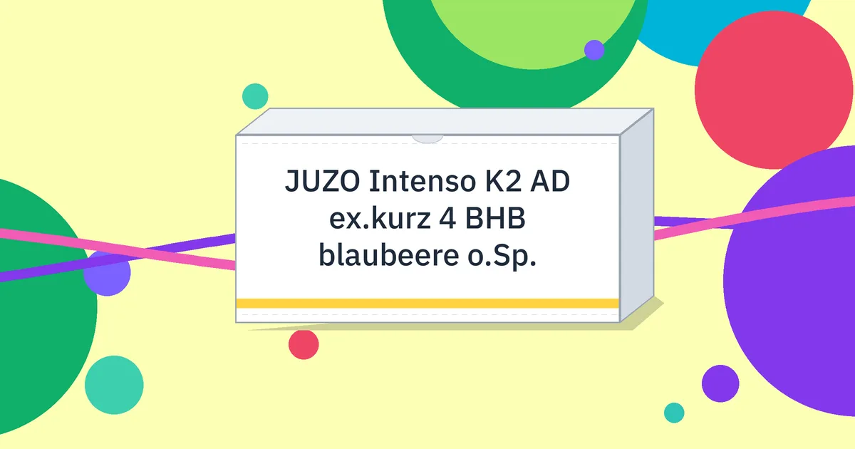 Symbolbild: Packung mit der Aufschrift JUZO Intenso K2 AD ex.kurz 4 BHB blaubeere o.Sp. (PZN 18625692) – Verfügbarkeit und Bezug in Apotheken in Frankfurt am Main