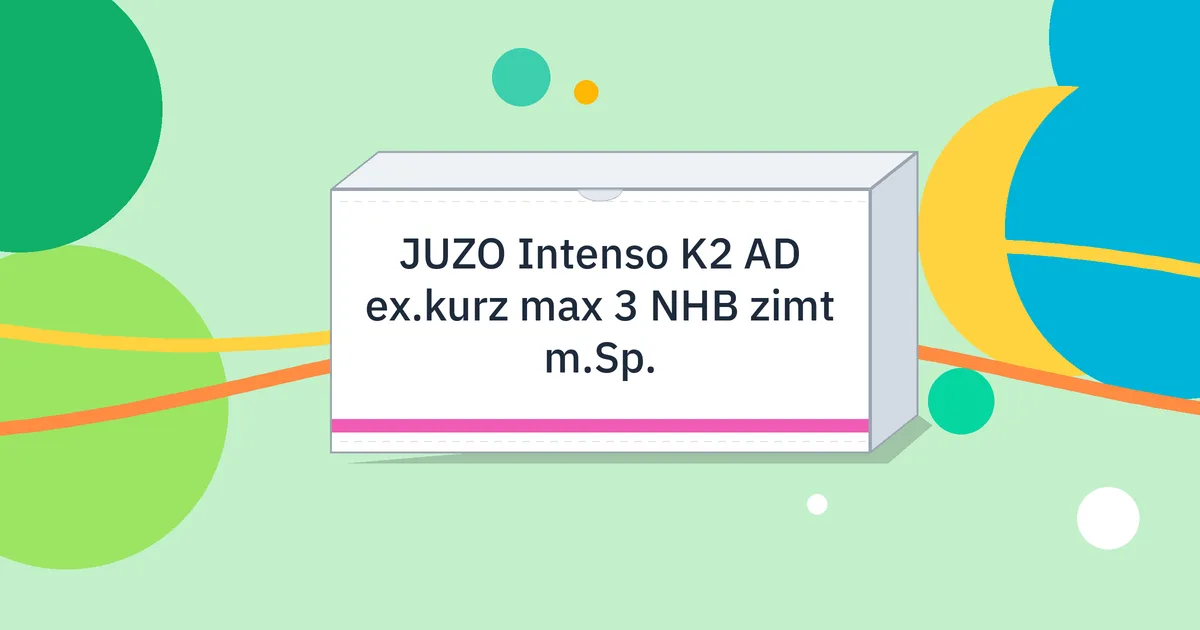 Symbolbild: Packung mit der Aufschrift JUZO Intenso K2 AD ex.kurz max 3 NHB zimt m.Sp. (PZN 18610288) – Verfügbarkeit und Bezug in Apotheken in Frankfurt am Main