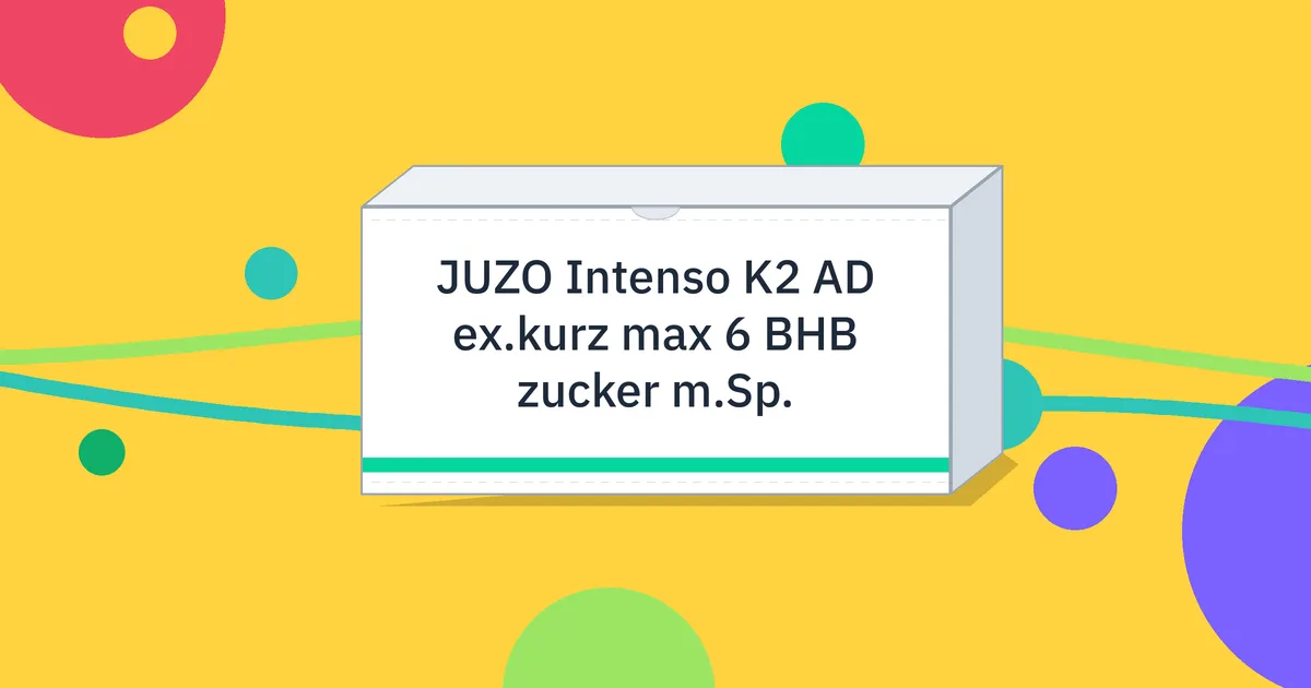 Symbolbild: Packung mit der Aufschrift JUZO Intenso K2 AD ex.kurz max 6 BHB zucker m.Sp. (PZN 18613683) – Verfügbarkeit und Bezug in Apotheken in Frankfurt am Main