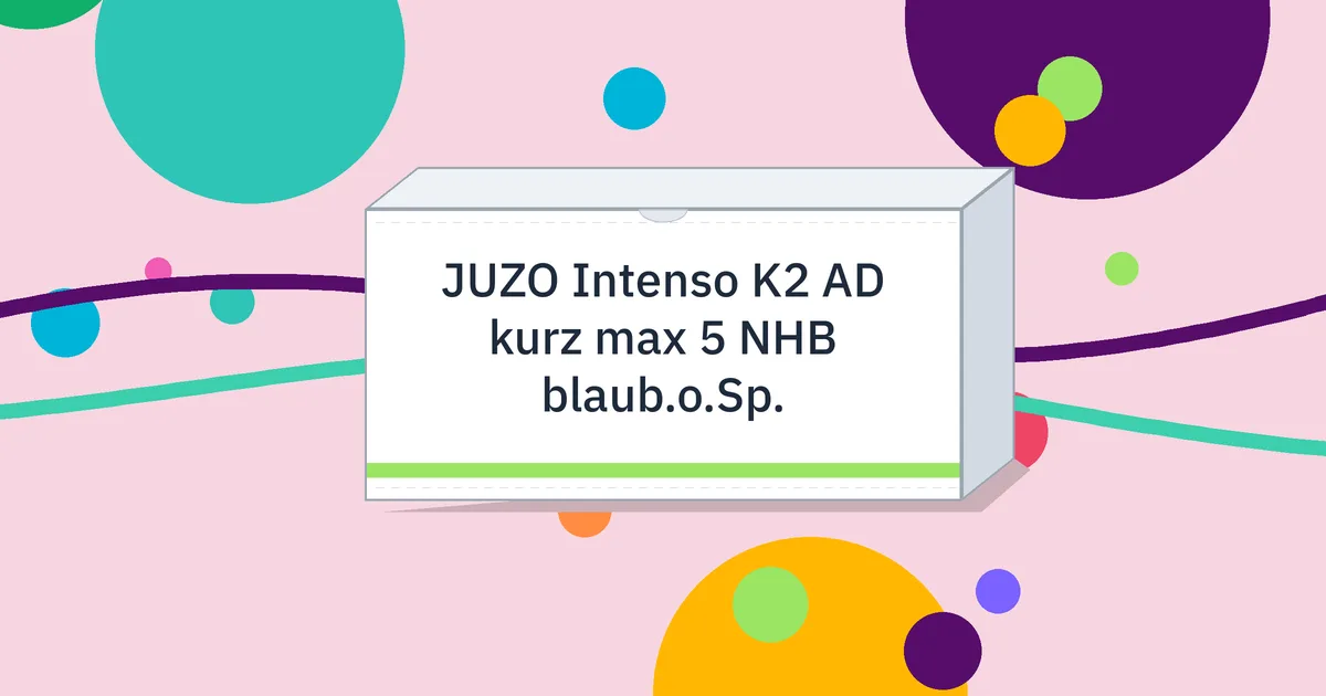 Symbolbild: Packung mit der Aufschrift JUZO Intenso K2 AD kurz max 5 NHB blaub.o.Sp. (PZN 18622771) – Verfügbarkeit und Bezug in Apotheken in Frankfurt am Main