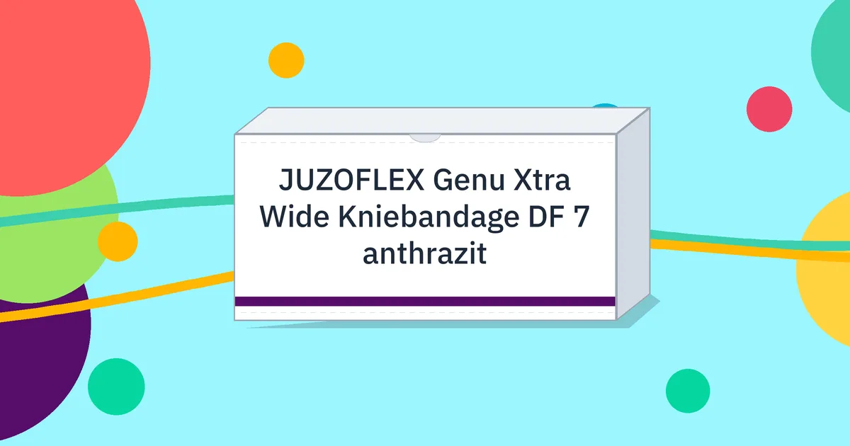 Symbolbild: Packung mit der Aufschrift JUZOFLEX Genu Xtra Wide Kniebandage DF 7 anthrazit (PZN 16497882) – Verfügbarkeit und Bezug in Apotheken in Frankfurt am Main