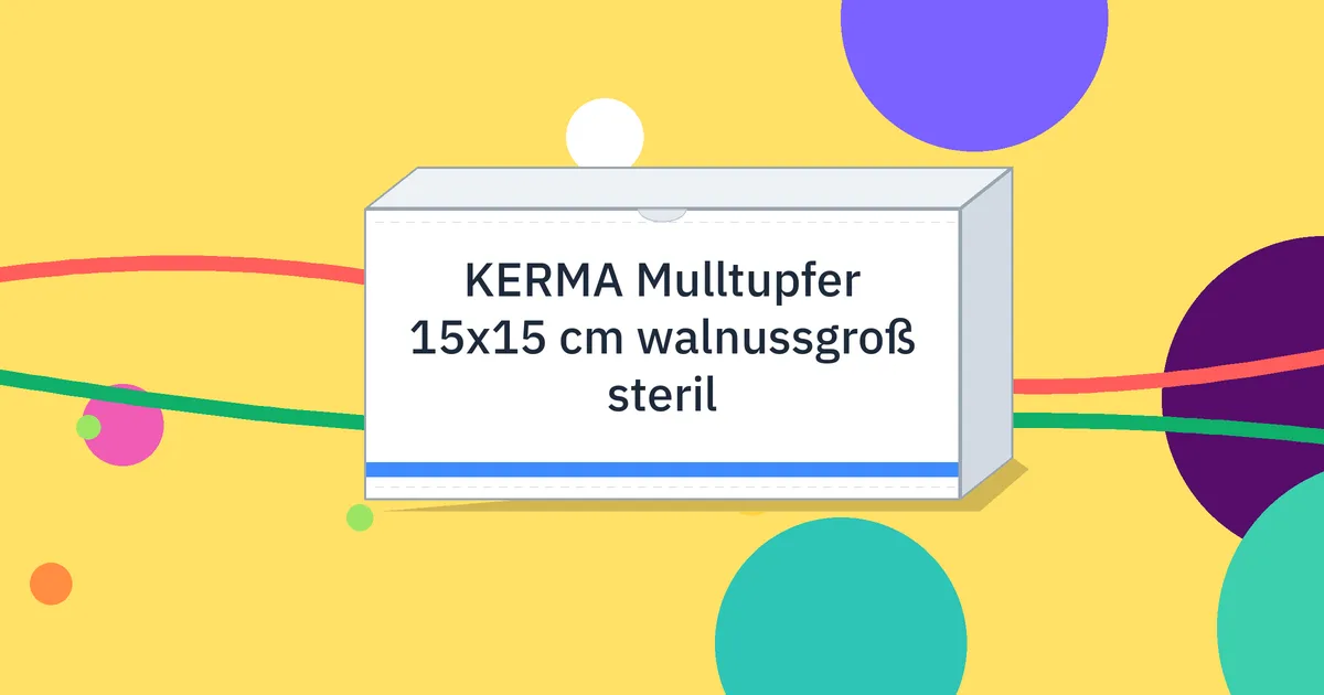 Symbolbild: Packung mit der Aufschrift KERMA Mulltupfer 15x15 cm walnussgroß steril (PZN 00996494) – Verfügbarkeit und Bezug in Apotheken in Frankfurt am Main