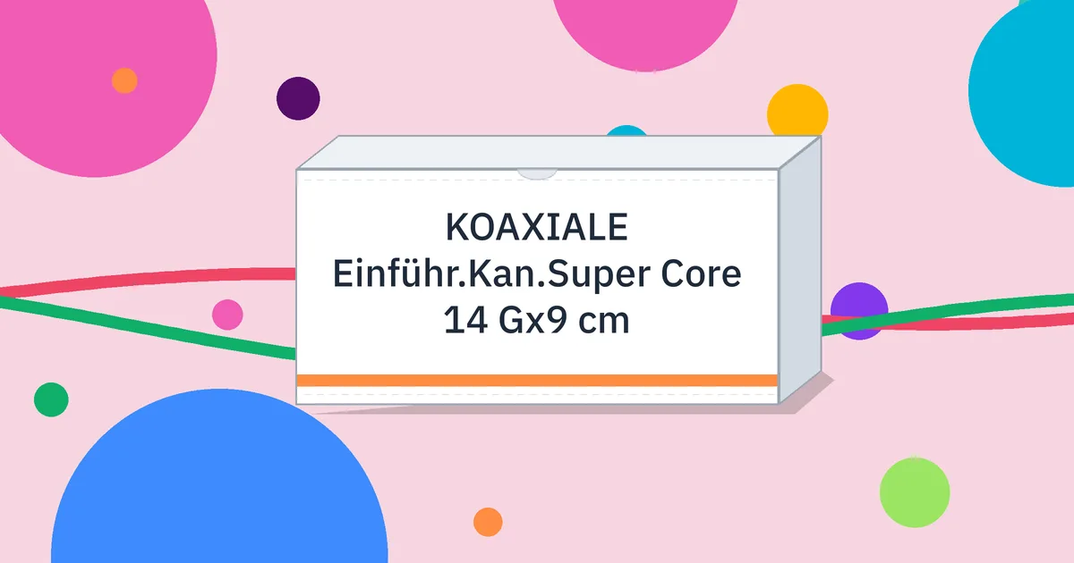 Symbolbild: Packung mit der Aufschrift KOAXIALE Einführ.Kan.Super Core 14 Gx9 cm (PZN 02350342) – Verfügbarkeit und Bezug in Apotheken in Frankfurt am Main