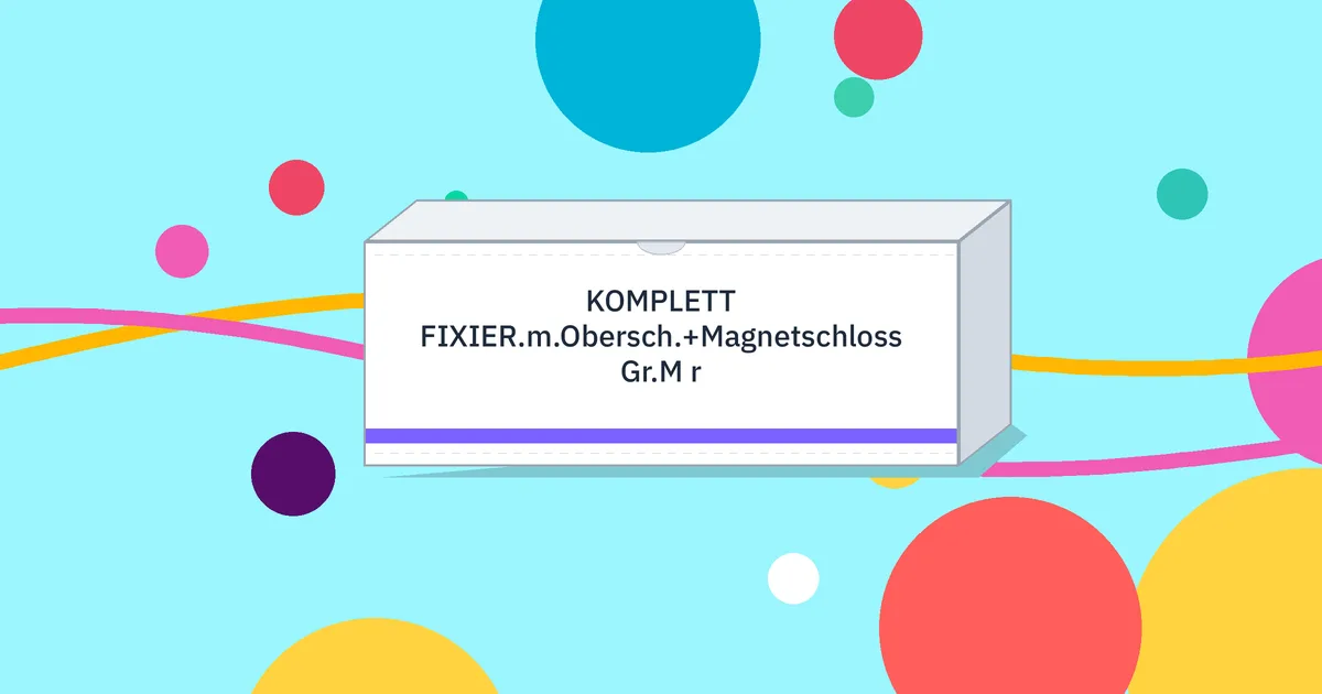 Symbolbild: Packung mit der Aufschrift KOMPLETT FIXIER.m.Obersch.+Magnetschloss Gr.M r (PZN 11573710) – Verfügbarkeit und Bezug in Apotheken in Frankfurt am Main