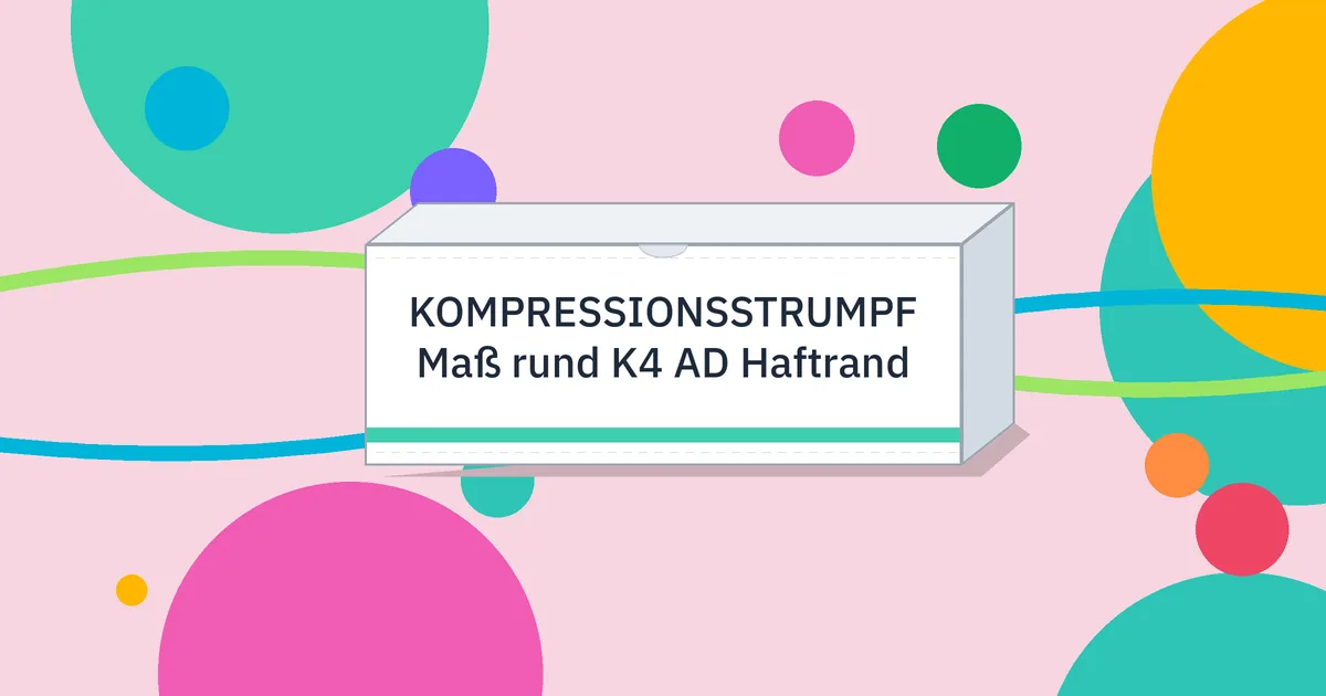 Symbolbild: Packung mit der Aufschrift KOMPRESSIONSSTRUMPF Maß rund K4 AD Haftrand (PZN 07129487) – Verfügbarkeit und Bezug in Apotheken in Frankfurt am Main