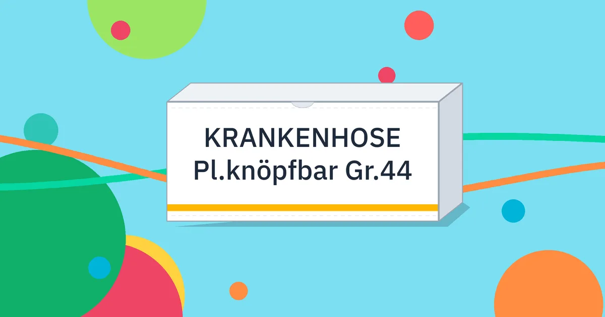 Symbolbild: Packung mit der Aufschrift KRANKENHOSE Pl.knöpfbar Gr.44 (PZN 01740897) – Verfügbarkeit und Bezug in Apotheken in Frankfurt am Main