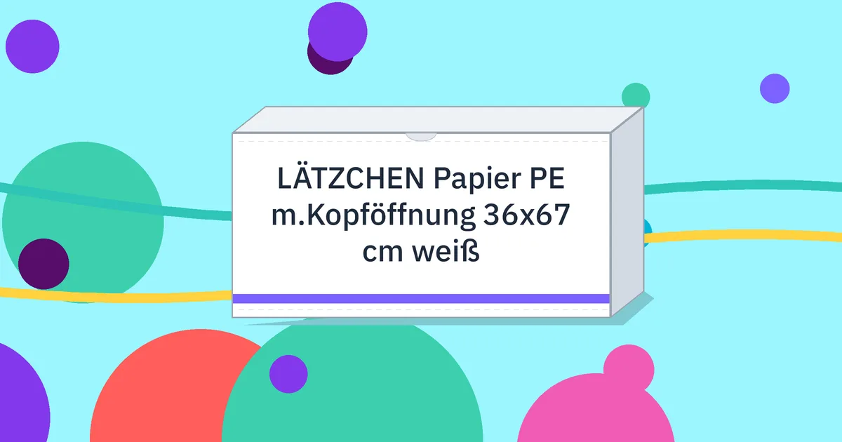 Symbolbild: Packung mit der Aufschrift LÄTZCHEN Papier PE m.Kopföffnung 36x67 cm weiß (PZN 20607750) – Verfügbarkeit und Bezug in Apotheken in Frankfurt am Main