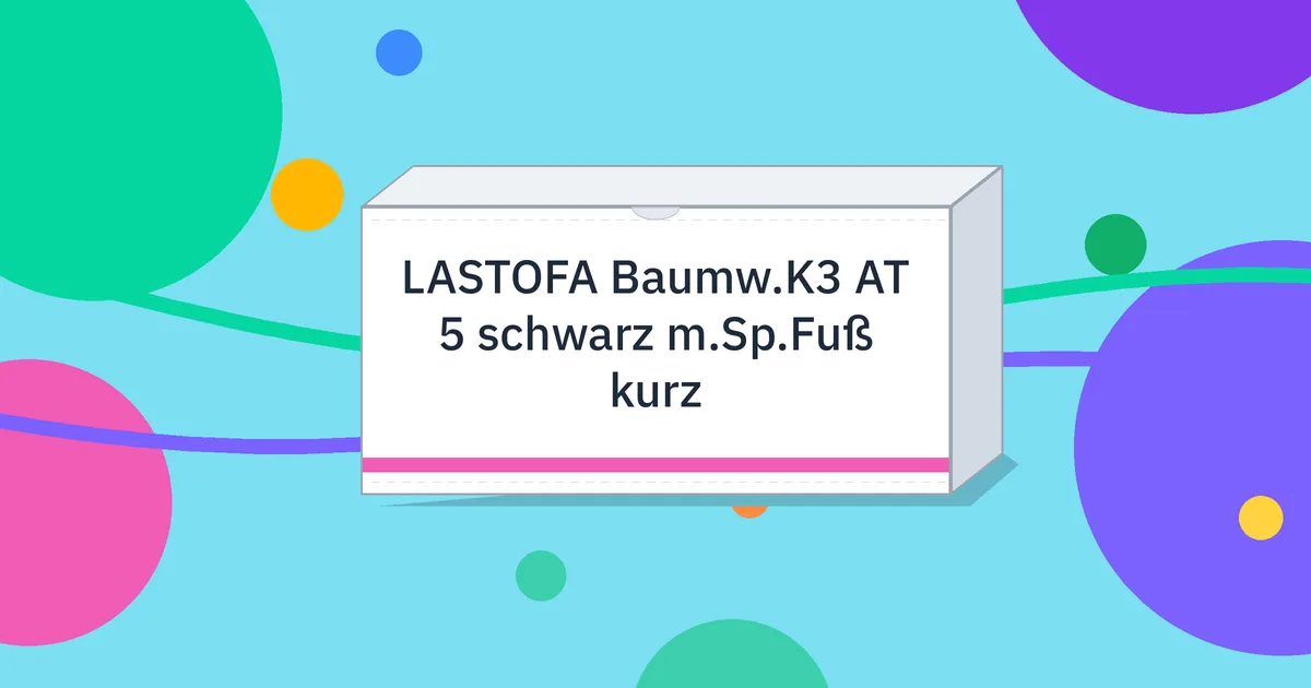 Symbolbild: Packung mit der Aufschrift LASTOFA Baumw.K3 AT 5 schwarz m.Sp.Fuß kurz (PZN 01958053) – Verfügbarkeit und Bezug in Apotheken in Frankfurt am Main