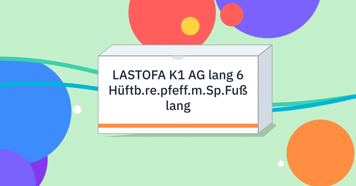 Symbolbild: Packung mit der Aufschrift LASTOFA K1 AG lang 6 Hüftb.re.pfeff.m.Sp.Fuß lang (PZN 13799306) – Verfügbarkeit und Bezug in Apotheken in Frankfurt am Main