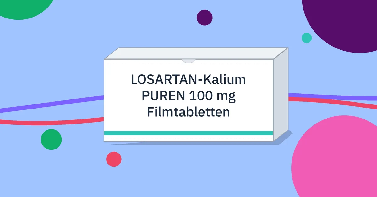 Symbolbild: Packung mit der Aufschrift LOSARTAN-Kalium PUREN 100 mg Filmtabletten (PZN 13572092) – Verfügbarkeit und Bezug in Apotheken in Frankfurt am Main
