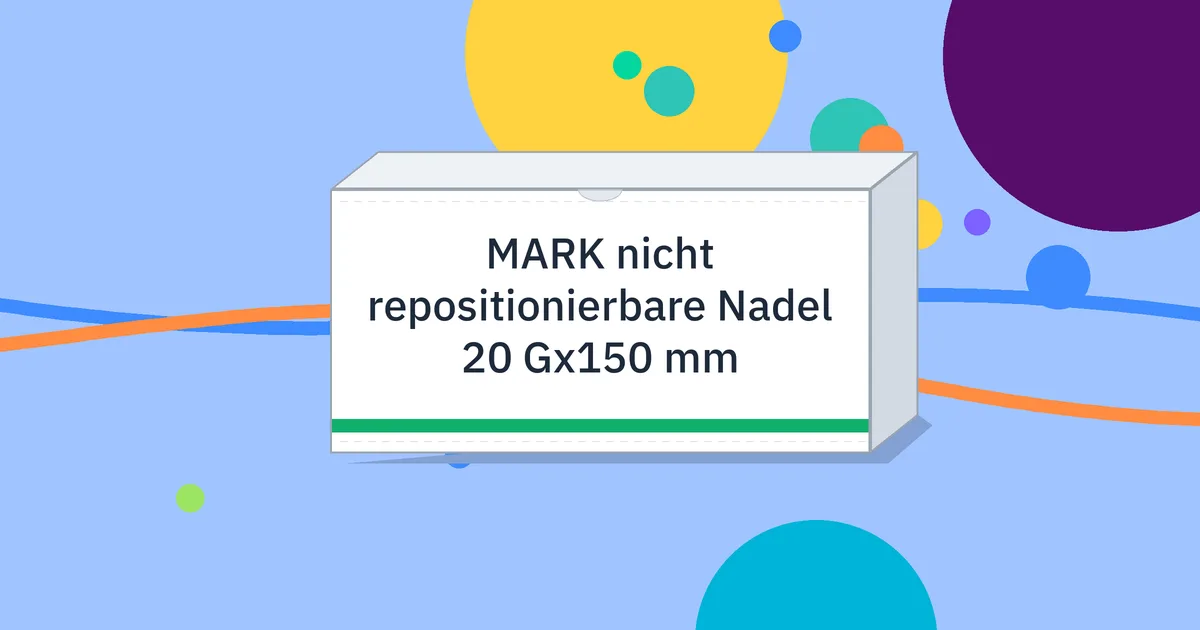 Symbolbild: Packung mit der Aufschrift MARK nicht repositionierbare Nadel 20 Gx150 mm (PZN 19736620) – Verfügbarkeit und Bezug in Apotheken in Frankfurt am Main