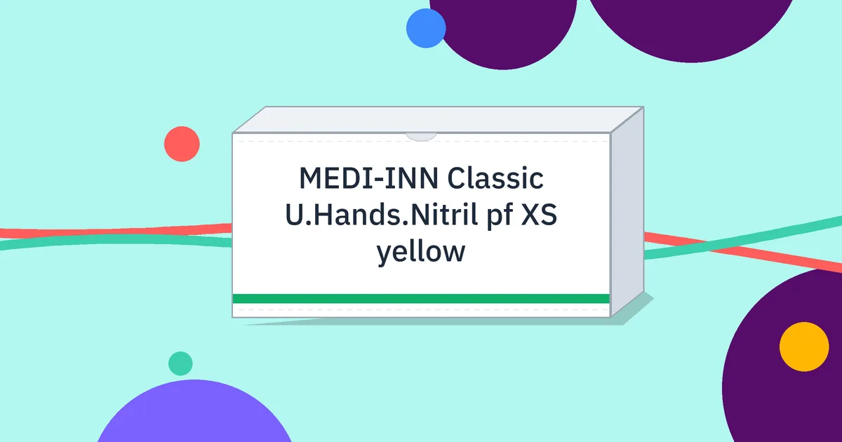 Symbolbild: Packung mit der Aufschrift MEDI-INN Classic U.Hands.Nitril pf XS yellow (PZN 18445458) – Verfügbarkeit und Bezug in Apotheken in Frankfurt am Main