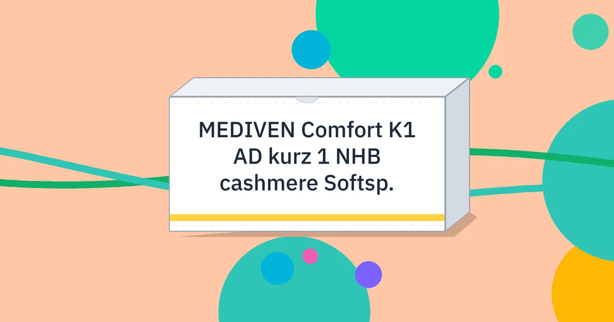Symbolbild: Packung mit der Aufschrift MEDIVEN Comfort K1 AD kurz 1 NHB cashmere Softsp. (PZN 14657548) – Verfügbarkeit und Bezug in Apotheken in Frankfurt am Main