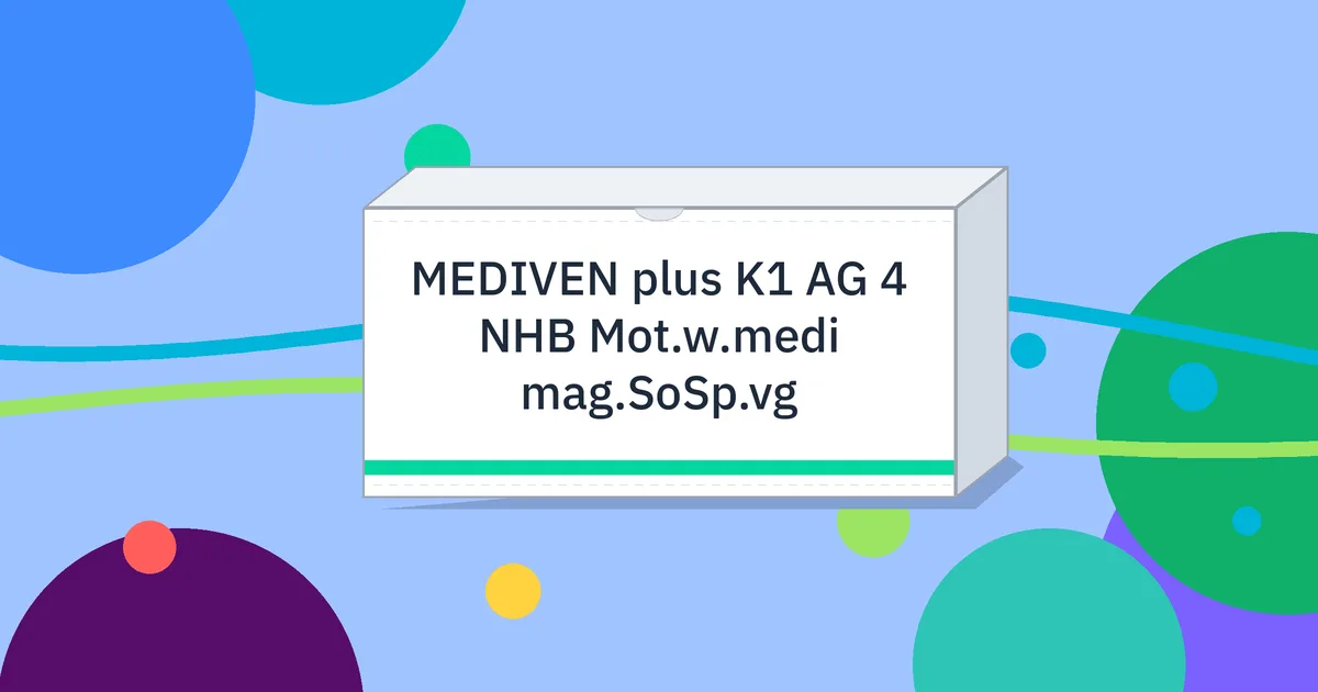Symbolbild: Packung mit der Aufschrift MEDIVEN plus K1 AG 4 NHB Mot.w.medi mag.SoSp.vg (PZN 15920203) – Verfügbarkeit und Bezug in Apotheken in Frankfurt am Main