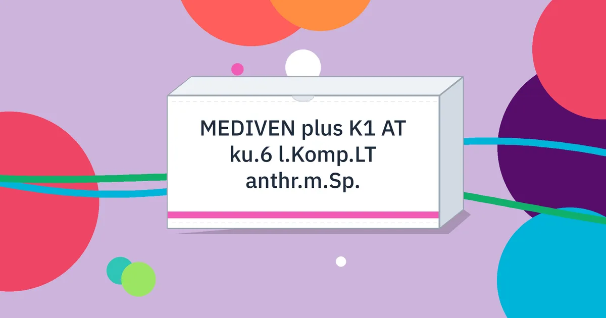 Symbolbild: Packung mit der Aufschrift MEDIVEN plus K1 AT ku.6 l.Komp.LT anthr.m.Sp. (PZN 15028889) – Verfügbarkeit und Bezug in Apotheken in Frankfurt am Main