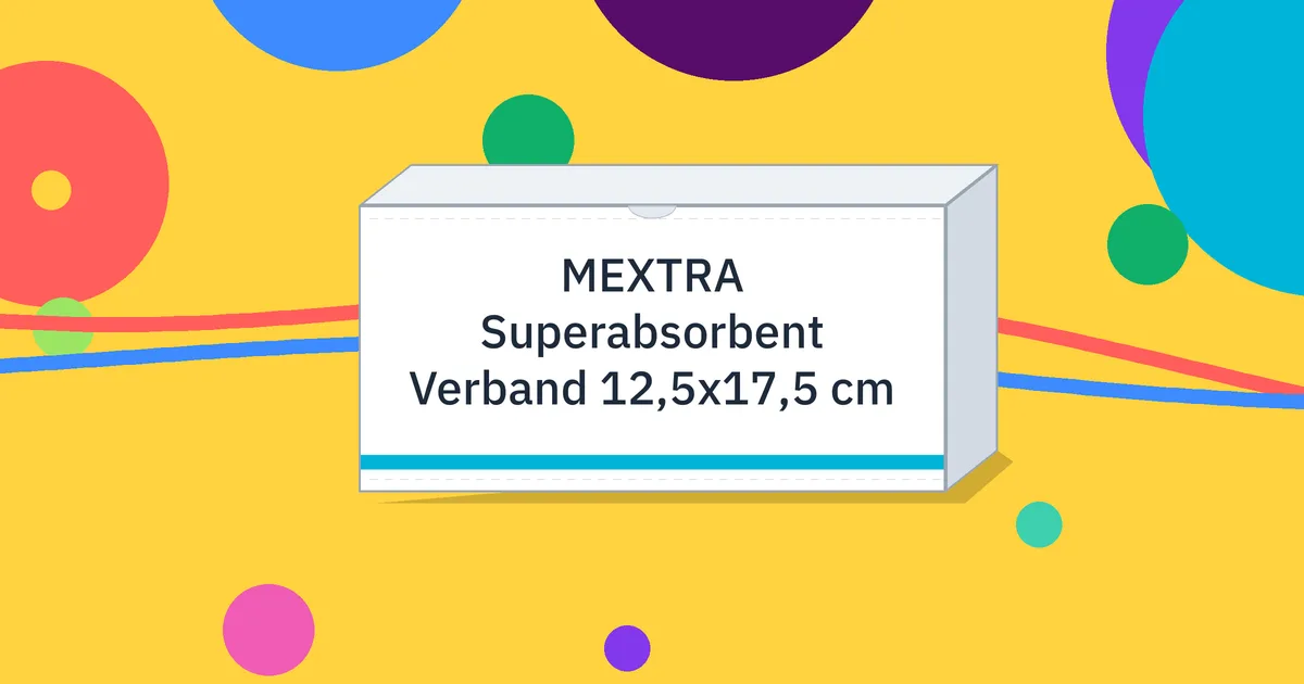 Symbolbild: Packung mit der Aufschrift MEXTRA Superabsorbent Verband 12,5x17,5 cm (PZN 13965897) – Verfügbarkeit und Bezug in Apotheken in Frankfurt am Main