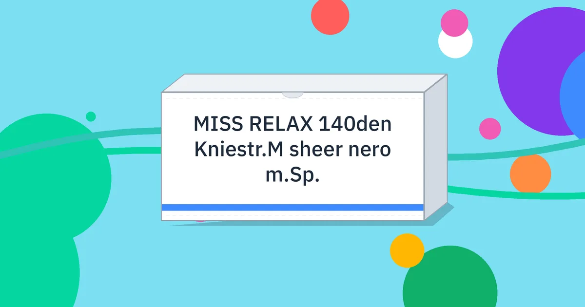 Symbolbild: Packung mit der Aufschrift MISS RELAX 140den Kniestr.M sheer nero m.Sp. (PZN 16189525) – Verfügbarkeit und Bezug in Apotheken in Frankfurt am Main
