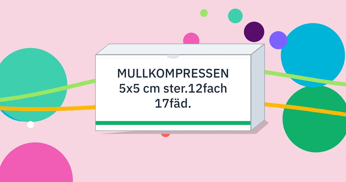 Symbolbild: Packung mit der Aufschrift MULLKOMPRESSEN 5x5 cm ster.12fach 17fäd. (PZN 06929895) – Verfügbarkeit und Bezug in Apotheken in Frankfurt am Main