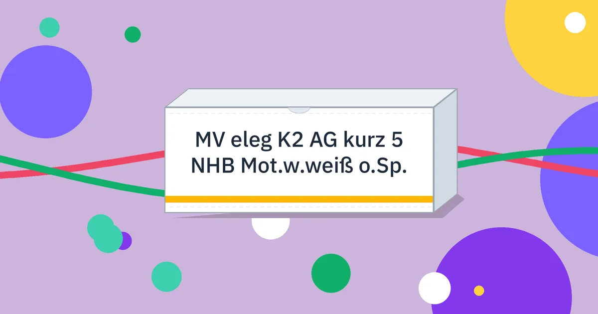 Symbolbild: Packung mit der Aufschrift MV eleg K2 AG kurz 5 NHB Mot.w.weiß o.Sp. (PZN 15713869) – Verfügbarkeit und Bezug in Apotheken in Frankfurt am Main