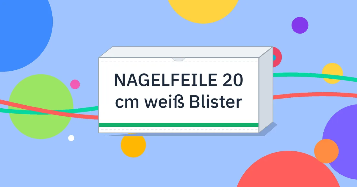 Symbolbild: Packung mit der Aufschrift NAGELFEILE 20 cm weiß Blister (PZN 10349436) – Verfügbarkeit und Bezug in Apotheken in Frankfurt am Main