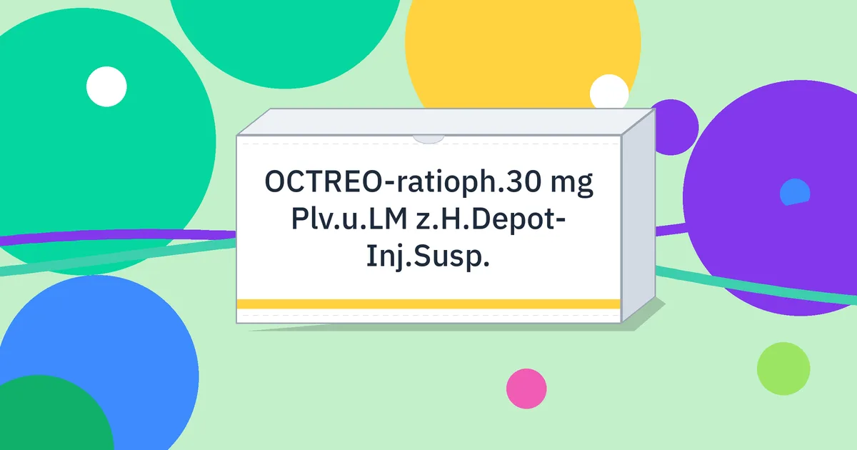 Symbolbild: Packung mit der Aufschrift OCTREO-ratioph.30 mg Plv.u.LM z.H.Depot-Inj.Susp. (PZN 14061241) – Verfügbarkeit und Bezug in Apotheken in Frankfurt am Main