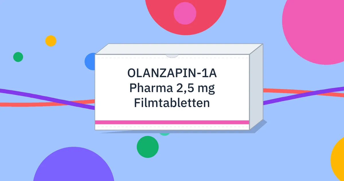 Symbolbild: Packung mit der Aufschrift OLANZAPIN-1A Pharma 2,5 mg Filmtabletten (PZN 09064071) – Verfügbarkeit und Bezug in Apotheken in Frankfurt am Main