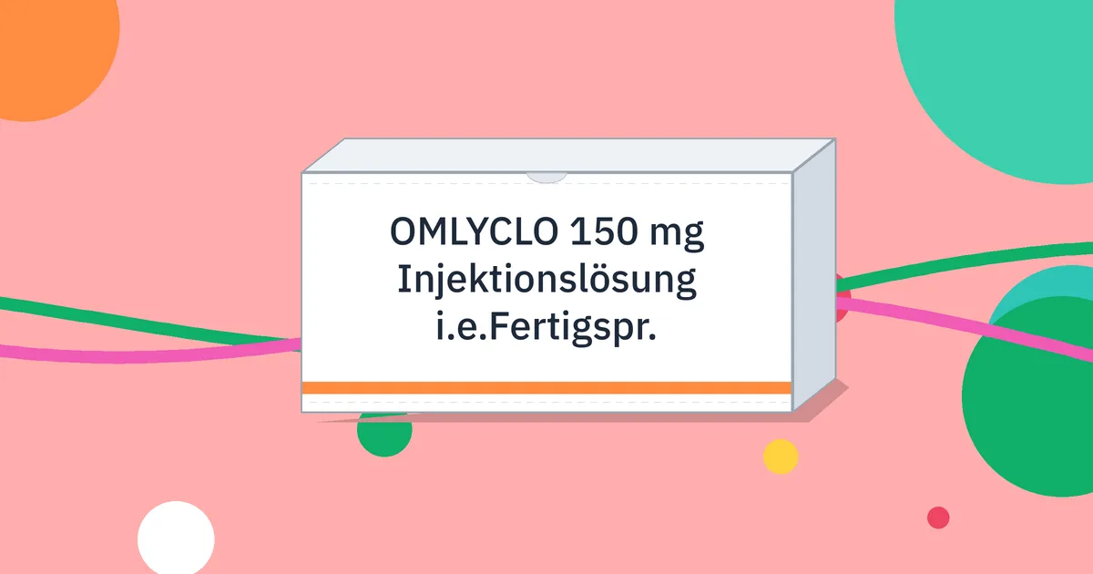 Symbolbild: Packung mit der Aufschrift OMLYCLO 150 mg Injektionslösung i.e.Fertigspr. (PZN 20186604) – Verfügbarkeit und Bezug in Apotheken in Frankfurt am Main