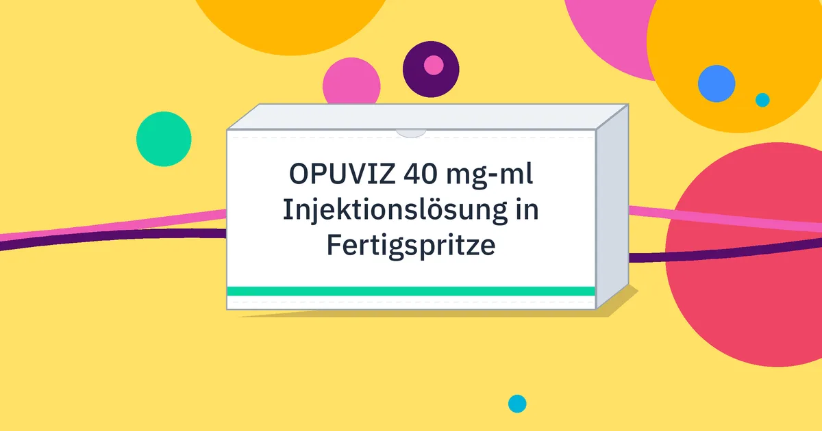 Symbolbild: Packung mit der Aufschrift OPUVIZ 40 mg-ml Injektionslösung in Fertigspritze (PZN 20516119) – Verfügbarkeit und Bezug in Apotheken in Frankfurt am Main