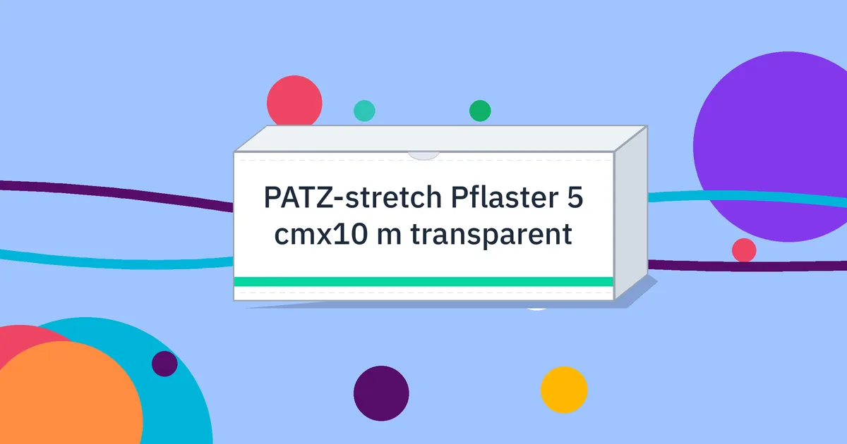 Symbolbild: Packung mit der Aufschrift PATZ-stretch Pflaster 5 cmx10 m transparent (PZN 06813520) – Verfügbarkeit und Bezug in Apotheken in Frankfurt am Main
