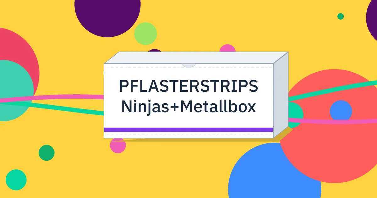 Symbolbild: Packung mit der Aufschrift PFLASTERSTRIPS Ninjas+Metallbox (PZN 15249018) – Verfügbarkeit und Bezug in Apotheken in Frankfurt am Main
