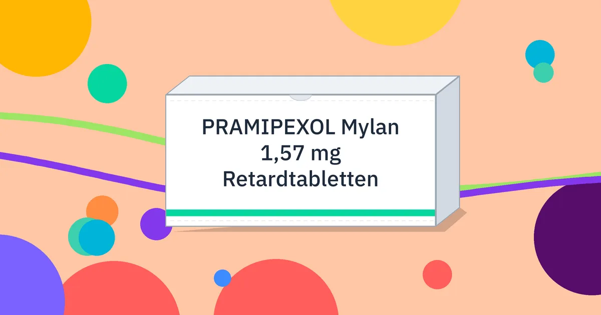 Symbolbild: Packung mit der Aufschrift PRAMIPEXOL Mylan 1,57 mg Retardtabletten (PZN 11095647) – Verfügbarkeit und Bezug in Apotheken in Frankfurt am Main
