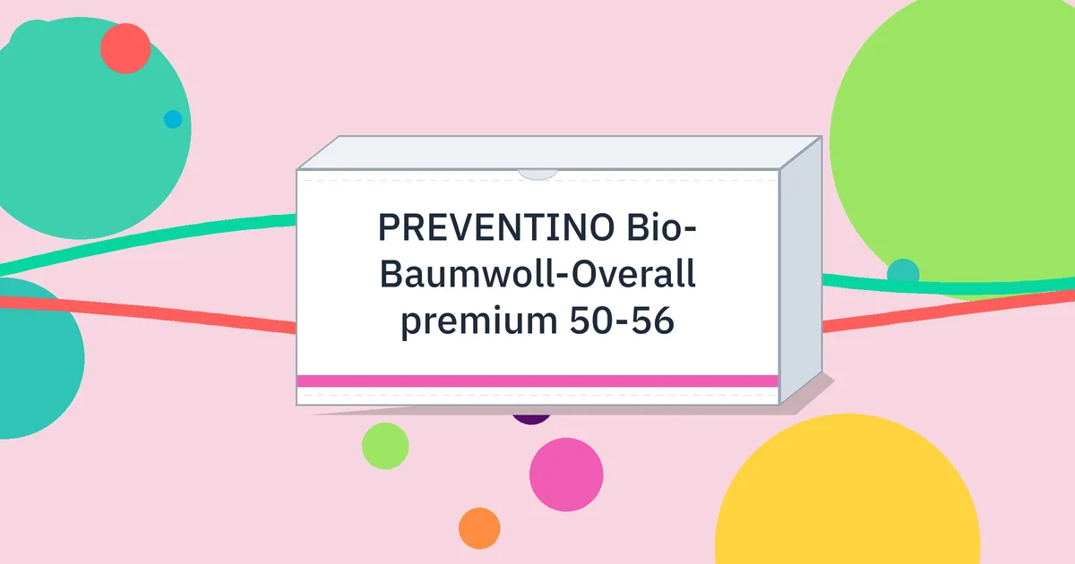 Symbolbild: Packung mit der Aufschrift PREVENTINO Bio-Baumwoll-Overall premium 50-56 (PZN 16895795) – Verfügbarkeit und Bezug in Apotheken in Frankfurt am Main
