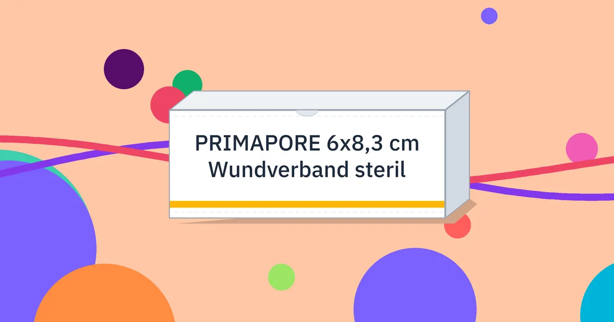 Symbolbild: Packung mit der Aufschrift PRIMAPORE 6x8,3 cm Wundverband steril (PZN 14329643) – Verfügbarkeit und Bezug in Apotheken in Frankfurt am Main