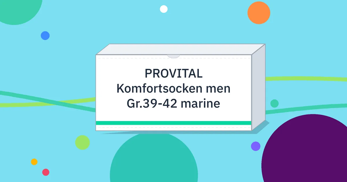 Symbolbild: Packung mit der Aufschrift PROVITAL Komfortsocken men Gr.39-42 marine (PZN 11080982) – Verfügbarkeit und Bezug in Apotheken in Frankfurt am Main