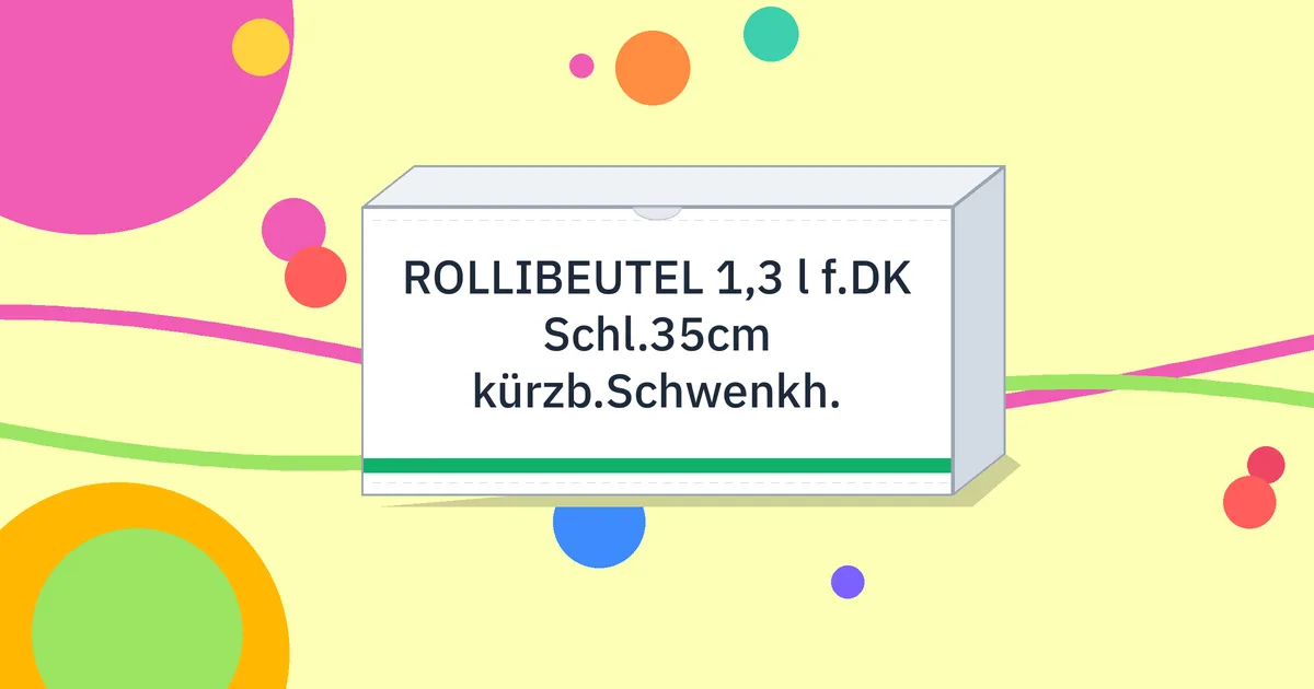 Symbolbild: Packung mit der Aufschrift ROLLIBEUTEL 1,3 l f.DK Schl.35cm kürzb.Schwenkh. (PZN 06094769) – Verfügbarkeit und Bezug in Apotheken in Frankfurt am Main