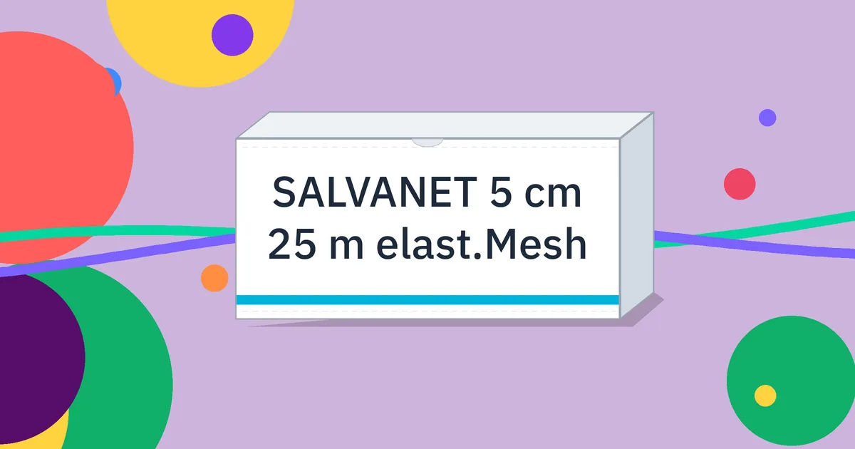 Symbolbild: Packung mit der Aufschrift SALVANET 5 cm 25 m elast.Mesh (PZN 15735606) – Verfügbarkeit und Bezug in Apotheken in Frankfurt am Main