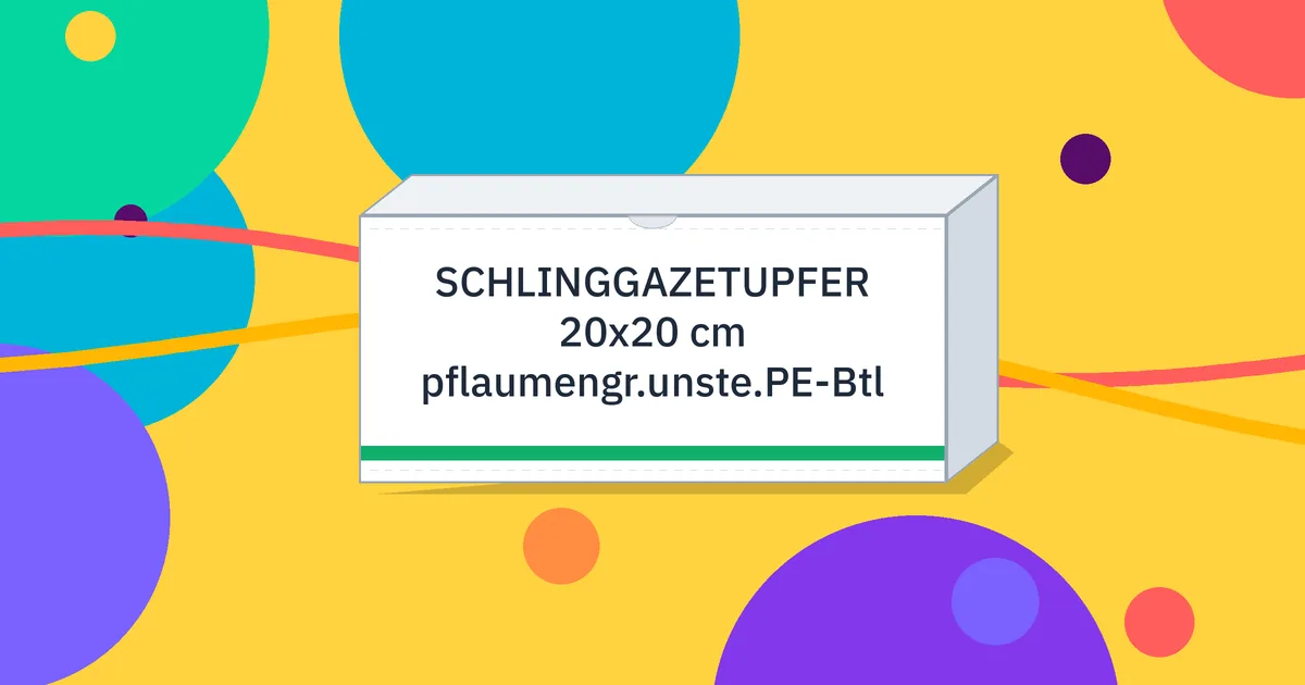 Symbolbild: Packung mit der Aufschrift SCHLINGGAZETUPFER 20x20 cm pflaumengr.unste.PE-Btl (PZN 08821624) – Verfügbarkeit und Bezug in Apotheken in Frankfurt am Main