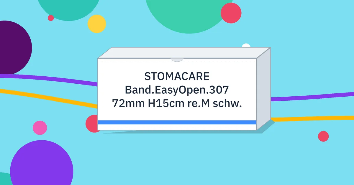 Symbolbild: Packung mit der Aufschrift STOMACARE Band.EasyOpen.307 72mm H15cm re.M schw. (PZN 09437626) – Verfügbarkeit und Bezug in Apotheken in Frankfurt am Main