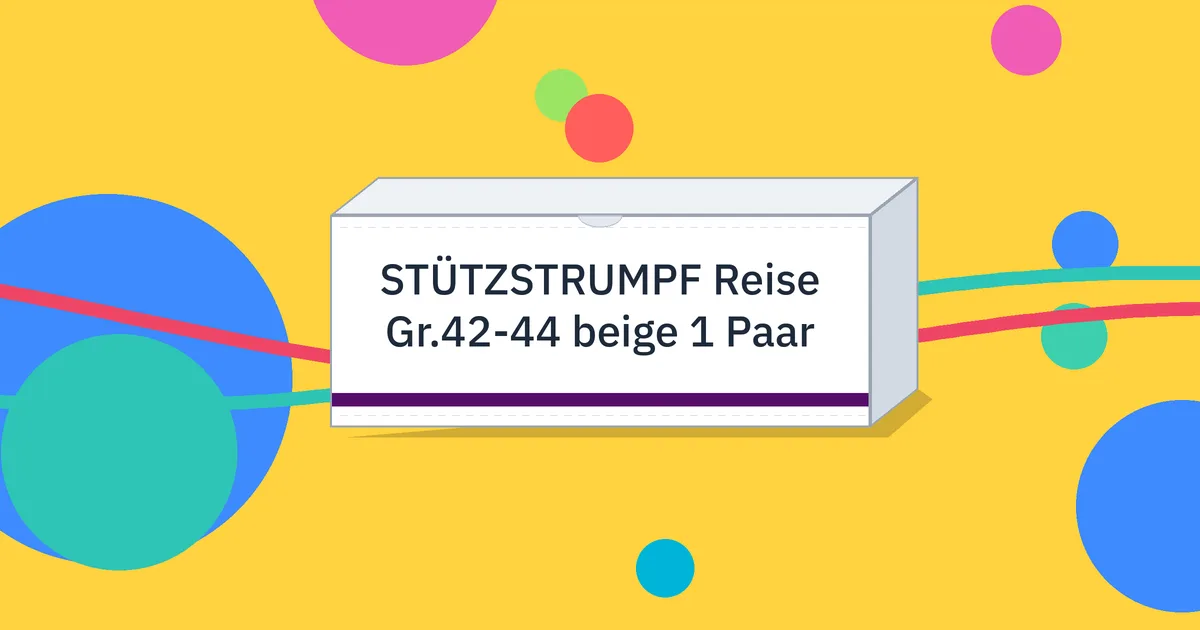 Symbolbild: Packung mit der Aufschrift STÜTZSTRUMPF Reise Gr.42-44 beige 1 Paar (PZN 16515226) – Verfügbarkeit und Bezug in Apotheken in Frankfurt am Main
