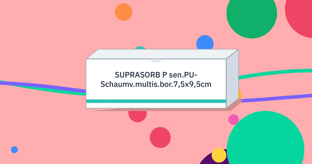 Symbolbild: Packung mit der Aufschrift SUPRASORB P sen.PU-Schaumv.multis.bor.7,5x9,5cm (PZN 17594297) – Verfügbarkeit und Bezug in Apotheken in Frankfurt am Main