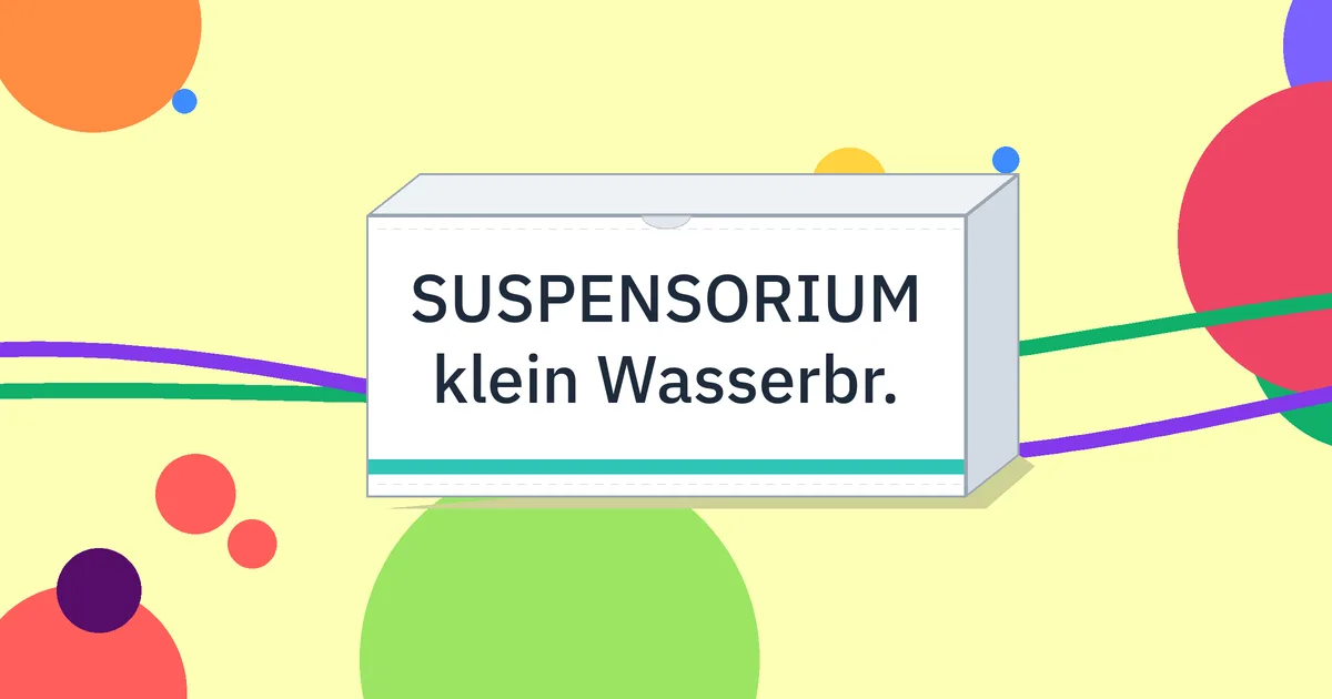Symbolbild: Packung mit der Aufschrift SUSPENSORIUM klein Wasserbr. (PZN 02009548) – Verfügbarkeit und Bezug in Apotheken in Frankfurt am Main
