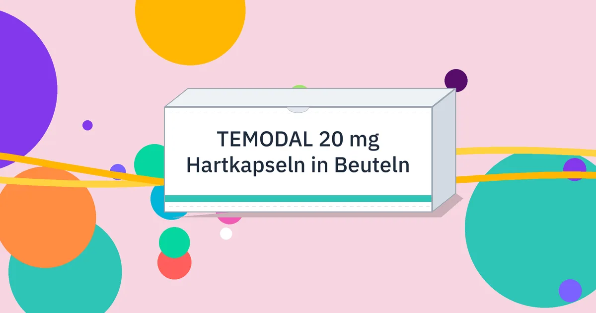Symbolbild: Packung mit der Aufschrift TEMODAL 20 mg Hartkapseln in Beuteln (PZN 07319555) – Verfügbarkeit und Bezug in Apotheken in Frankfurt am Main