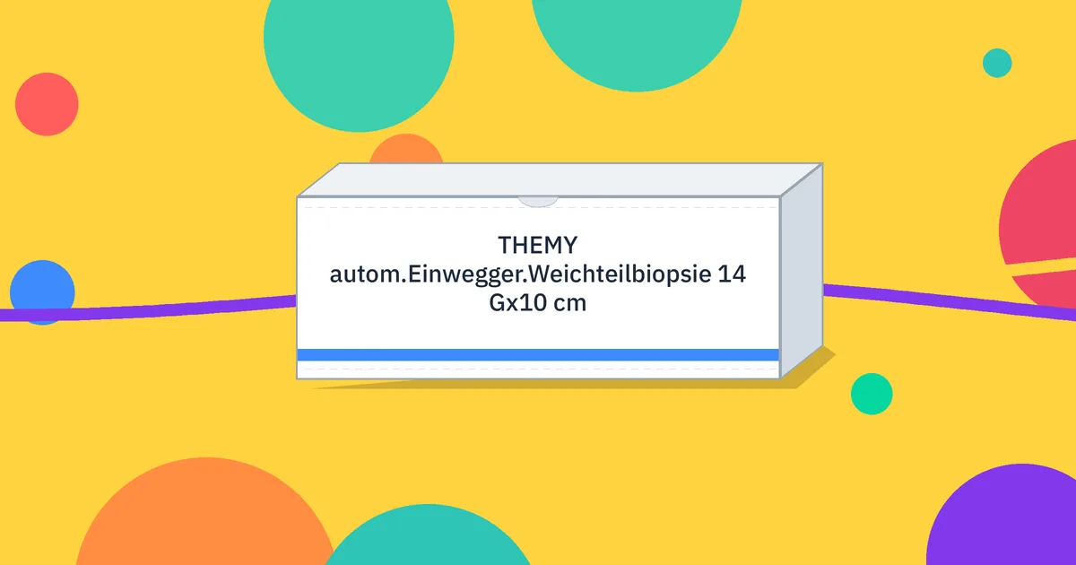 Symbolbild: Packung mit der Aufschrift THEMY autom.Einwegger.Weichteilbiopsie 14 Gx10 cm (PZN 19737281) – Verfügbarkeit und Bezug in Apotheken in Frankfurt am Main